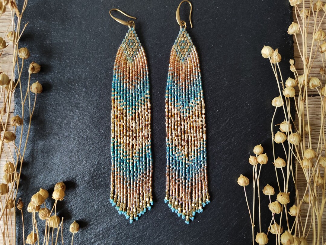Long Handmade Fringe Earrings "luano" With Brass and Glass Cubes ...