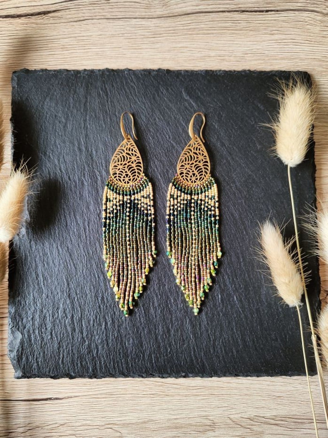 Handmade Ombre Fringe Earrings beeja in Green and Golden Shades, Long ...
