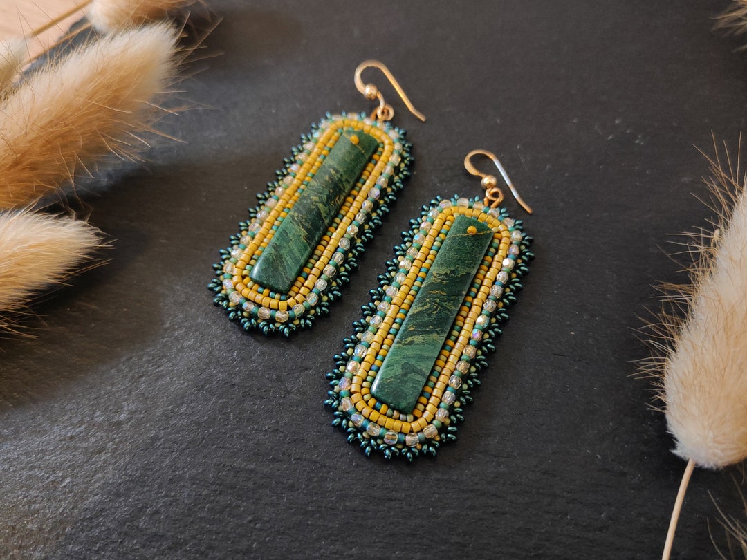 Hand Embroidered Earrings raquel With Green Jade and Fine Seed Beads ...
