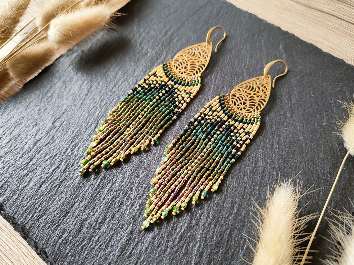 Handmade Ombre Fringe Earrings beeja in Green and - Etsy