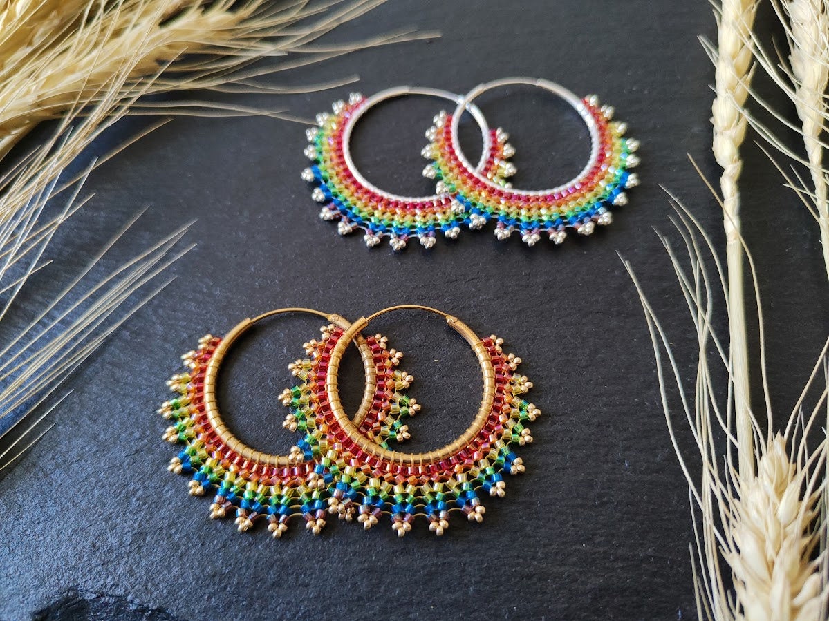 Handmade Crescent Moon Hoop Earrings Neomi In Rainbow Ombre Colors Brass And Silver Colored