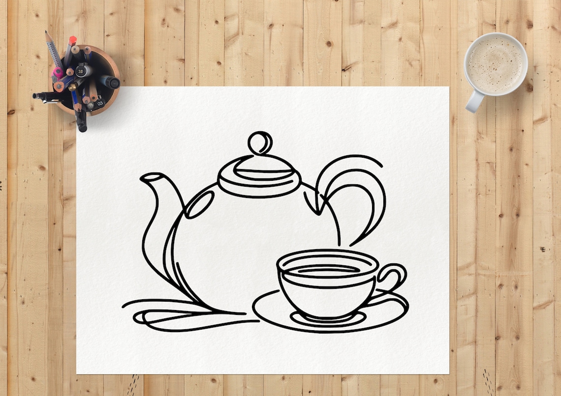 Dessin au trait d'une théière et d'une tasse de thé. Fichiers de coupe ...