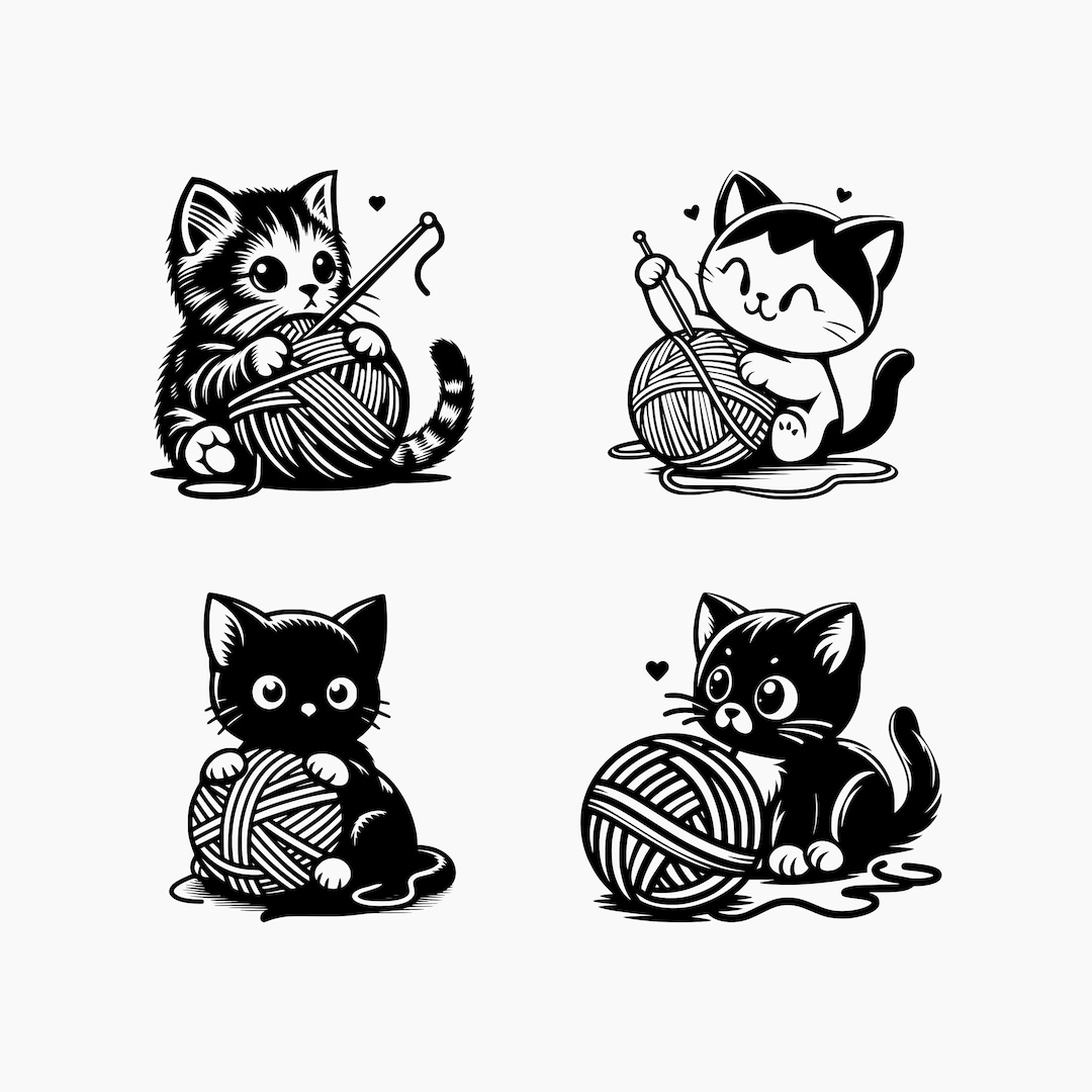 Cute Cat Playing With Yarn Ball. 4 Svg Bundle. Svg Png Eps Dxf Cut ...