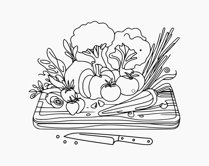 Cutting Board With Vegetables Line Drawing. Svg Png Eps Dxf Cut Files ...