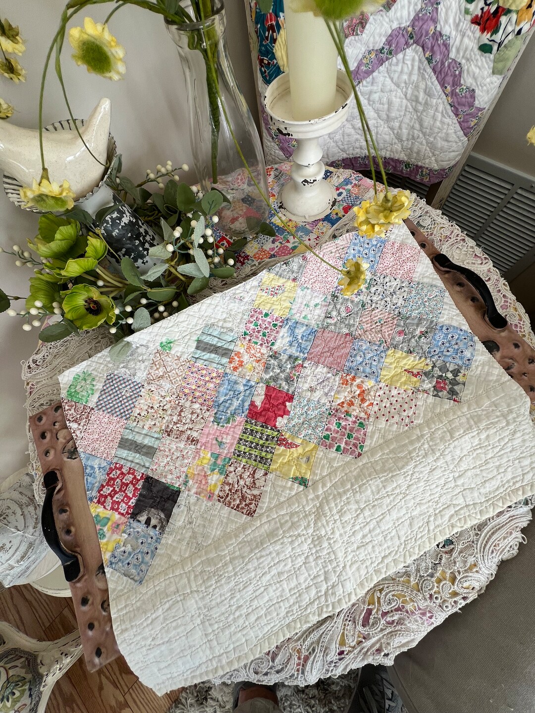 Vintage Cutter Quilt Square Handmade Feedsack Print Patchwork Pattern ...