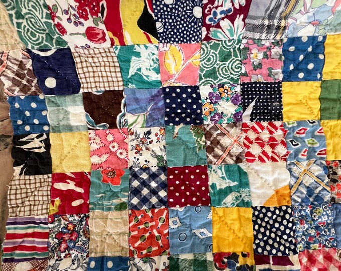 Vintage Postage Stamp Patchwork Quilt Square Handmade Feedsack Print ...
