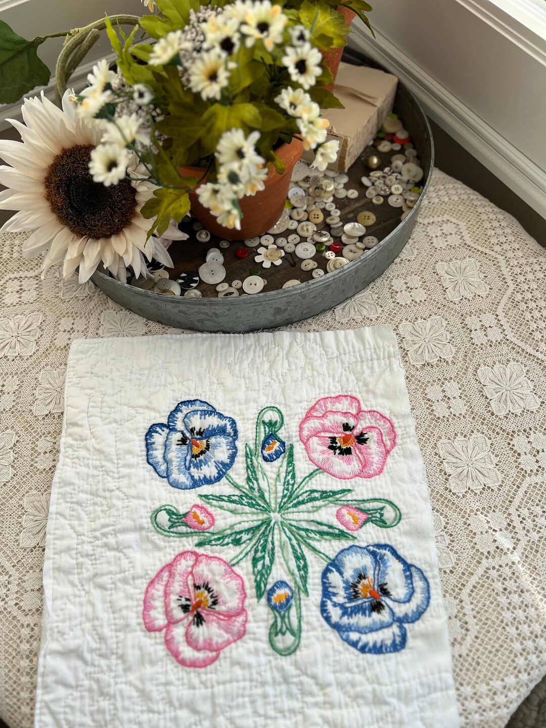 Vintage Cutter Quilt Piece Hand Embroidered Block From the Past Poppy ...