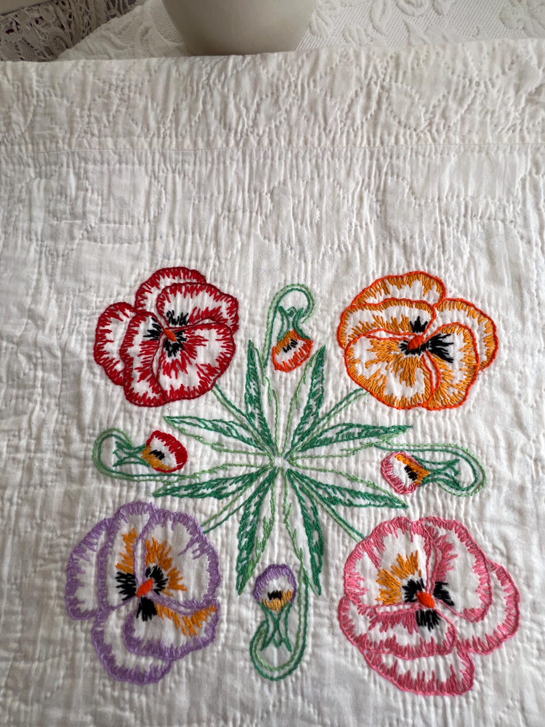 Vintage Cutter Quilt Piece Hand Embroidered Block From the Past Poppy ...
