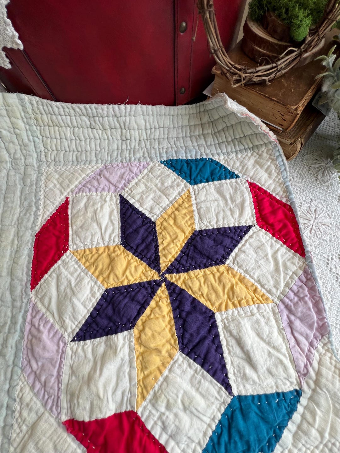 Vintage Quilt Square Handmade Antique Patchwork in Star Pattern for ...