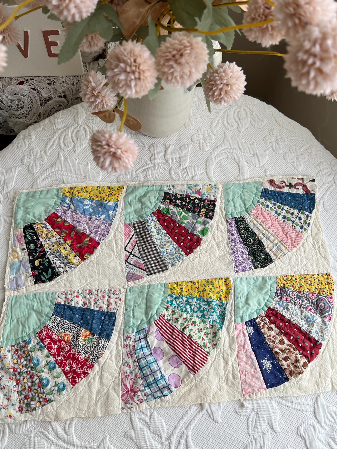 Vintage Cutter Quilt Block, Grandmothers Fan Pattern , Handmade Antique ...