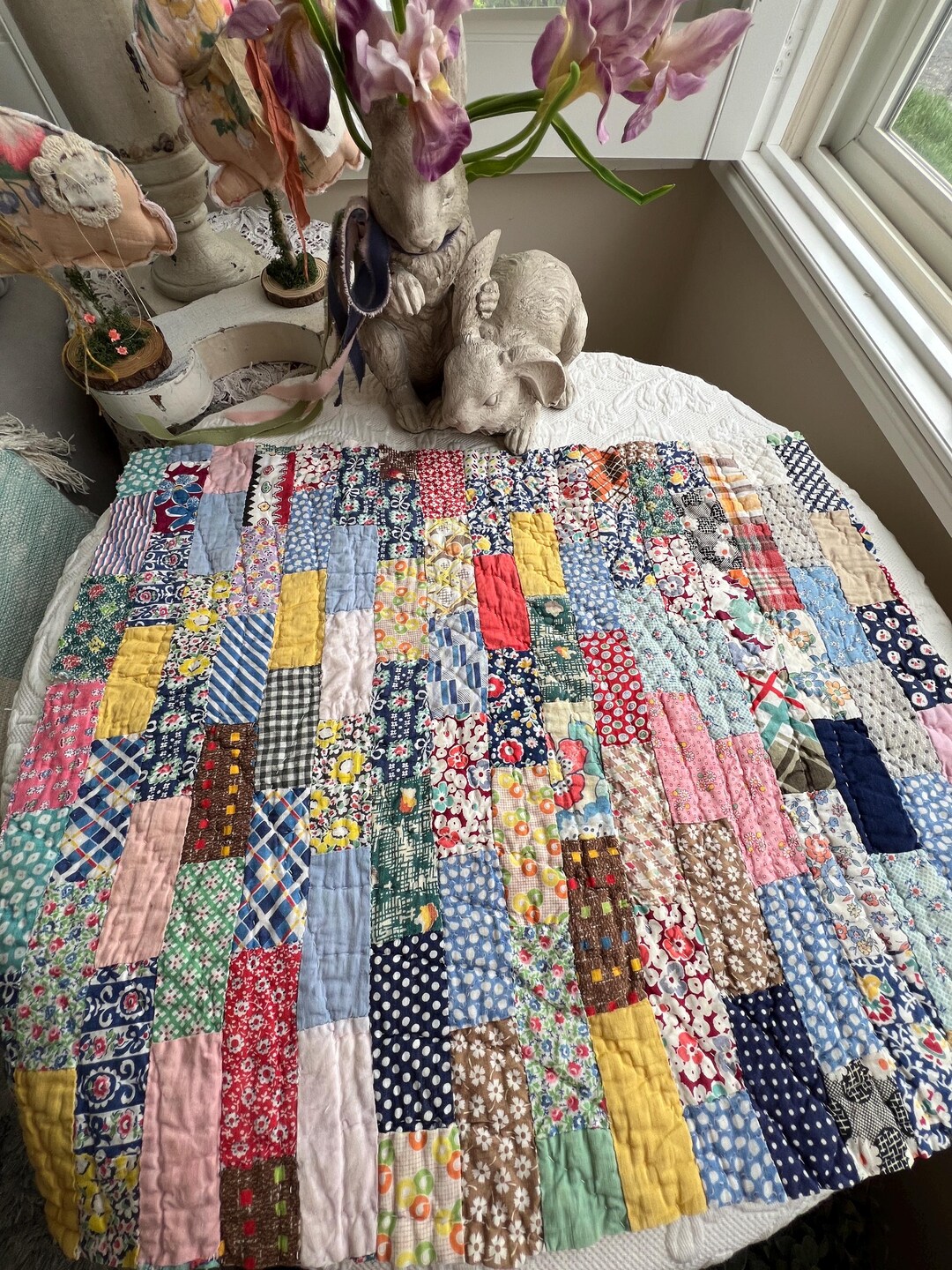 Vintage Cutter Quilt Piece - Feedsack Print Patchwork Block for Repurposing or Crafting, Quilted ...