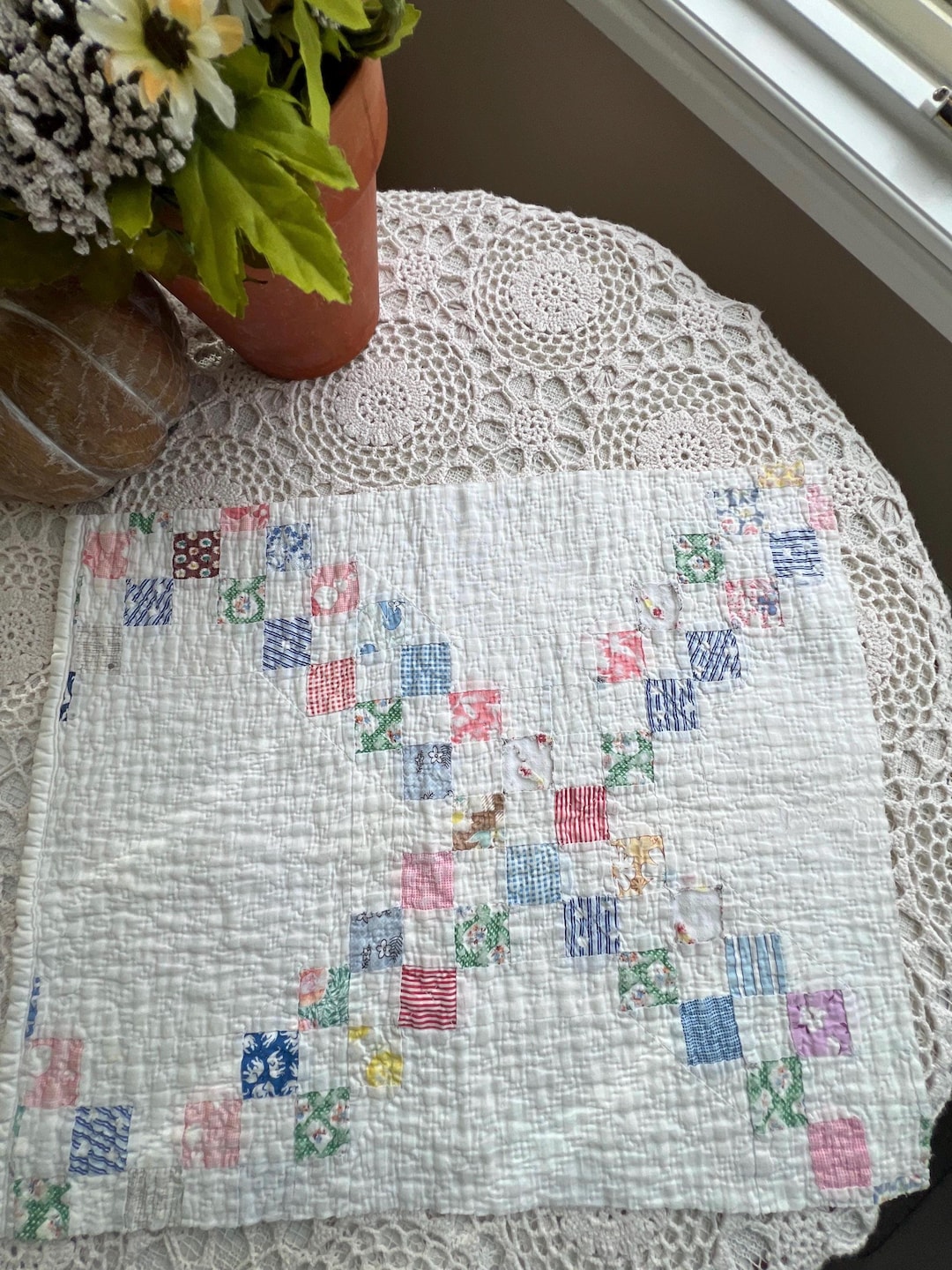 Vintage Postage Stamp Quilt Block, Repurposed Handmade Patchwork Cotton ...