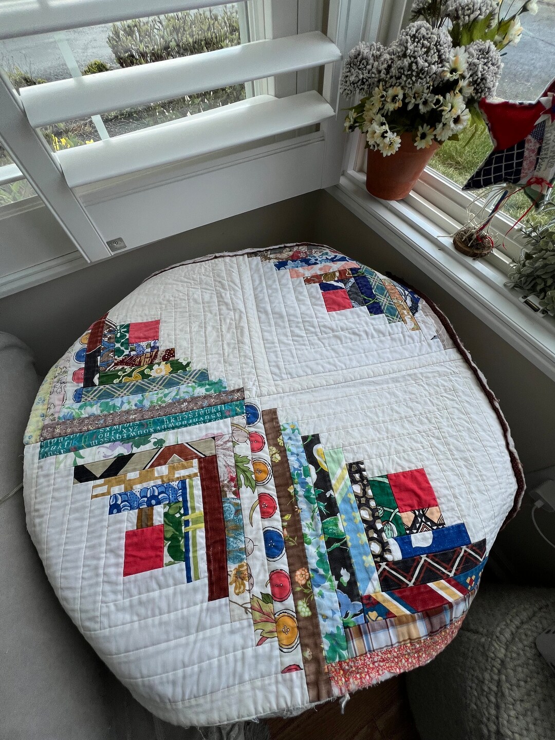 Handmade Vintage Patchwork Log Cabin Quilt Fabric Piece for Repurposing. Craft Supply for ...