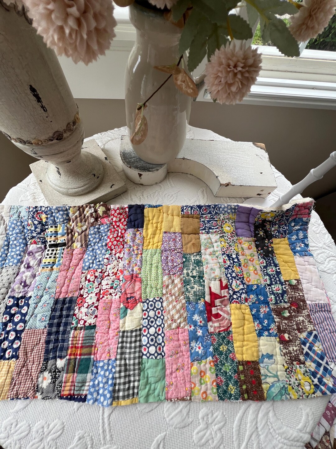 Vintage Cutter Quilt Piece - Feedsack Print Patchwork Block for Repurposing or Crafting, Quilted ...