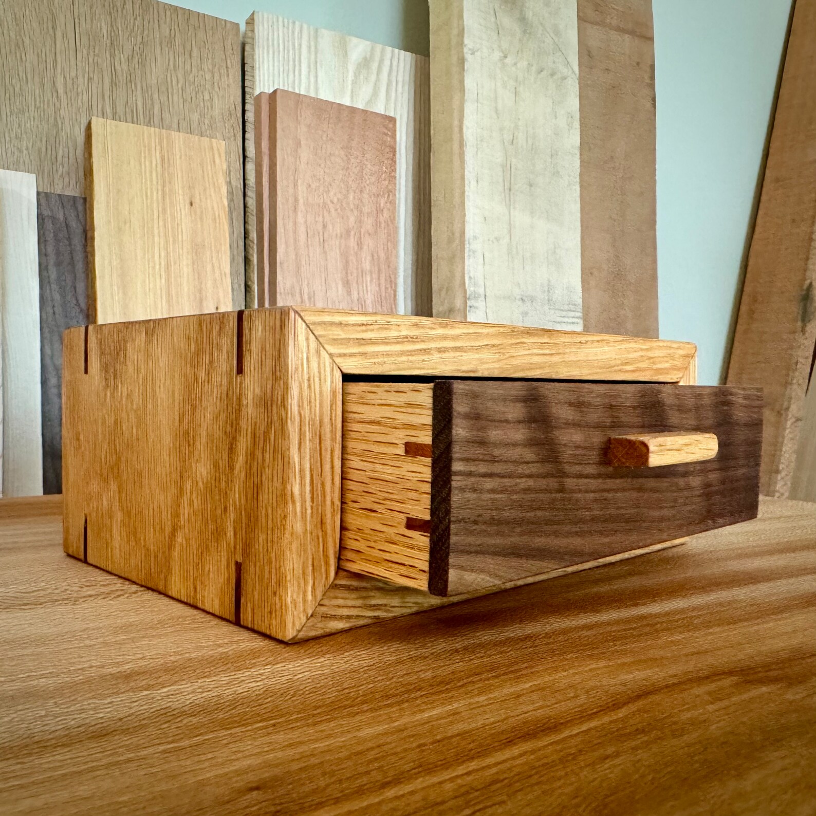Small Handcrafted Oak and Walnut Wood Drawer Single Drawer Box Wood ...