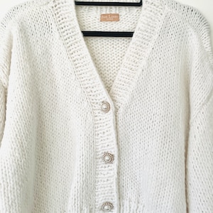 Women's Chunky Cardigan, White Cardigan, Long Puffy Sleeves Knit ...