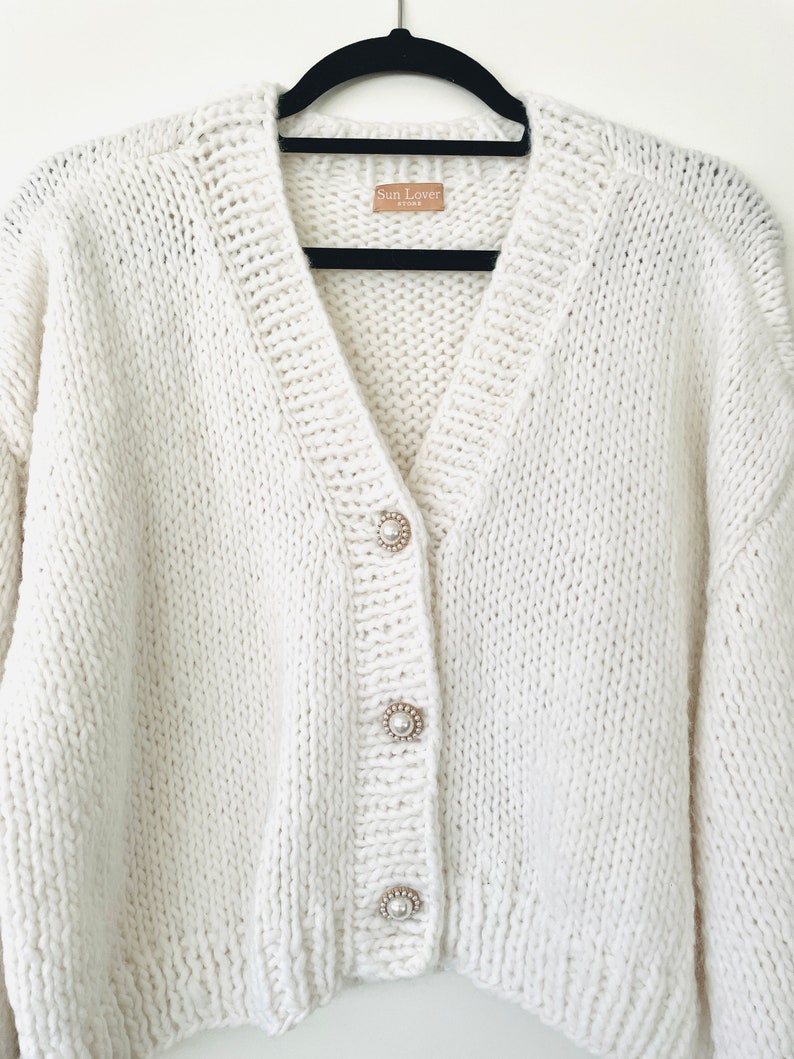 Women's Chunky Cardigan, White Cardigan, Long Puffy Sleeves Knit ...