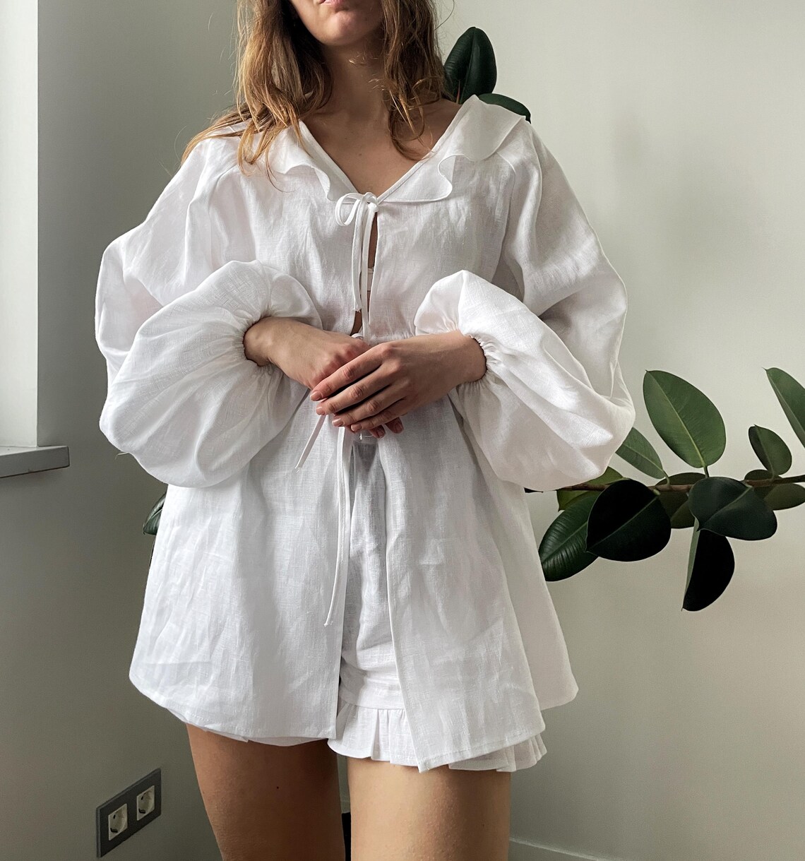 White Shirt and Short,bridal Linen Set,white Linen Set,pajamas Set ...