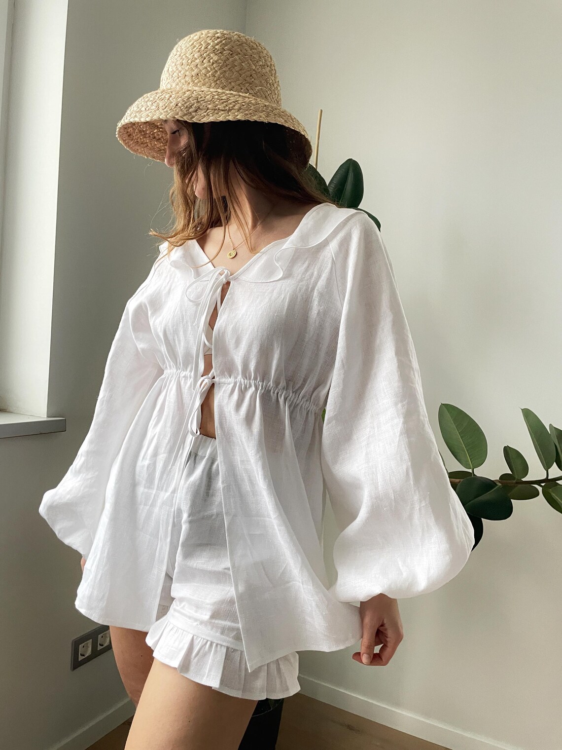 White Shirt and Short,bridal Linen Set,white Linen Set,pajamas Set ...