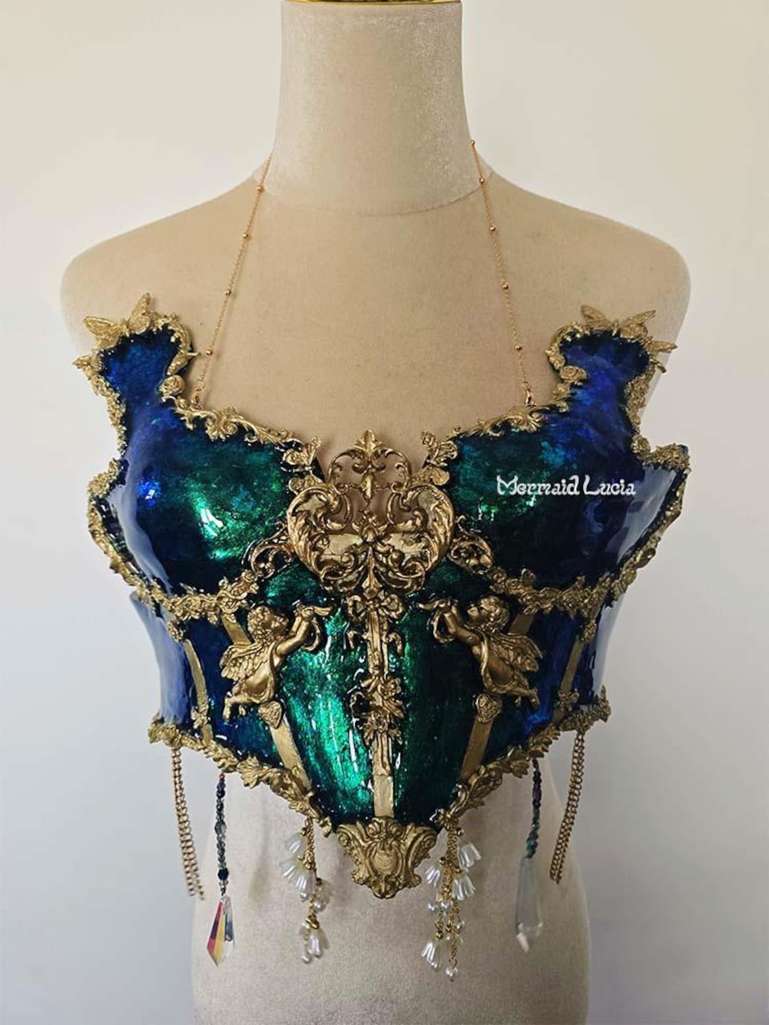 Royal Emerald Green Gold Edge Marble Resin Mermaid Corset Bra Top ...
