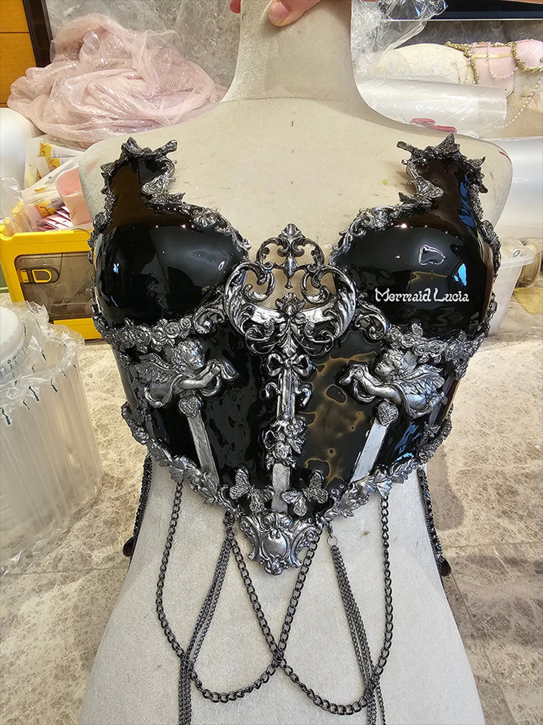 Black Marble Color Resin Mermaid Corset Bra Top Cosplay Costume Patent ...