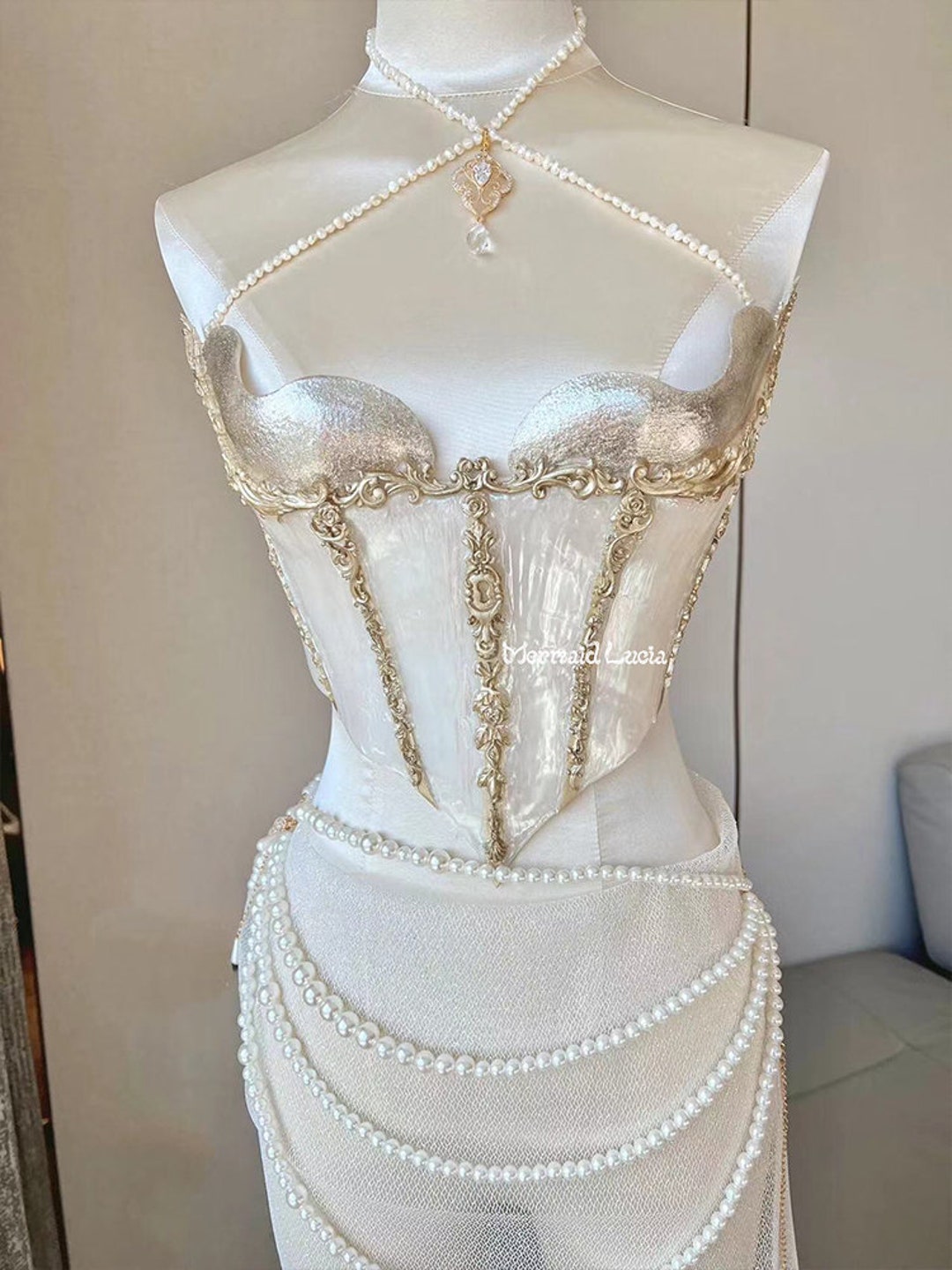 Baroque Pearl Luster Resin Mermaid Corset Bra Top Cosplay Costume ...