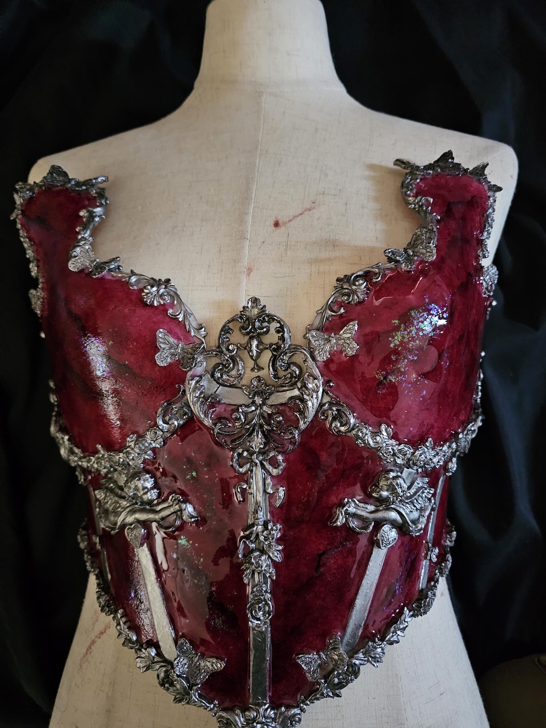 Dark Red Silver Edges Marble Resin Mermaid Corset Bra Top Cosplay ...