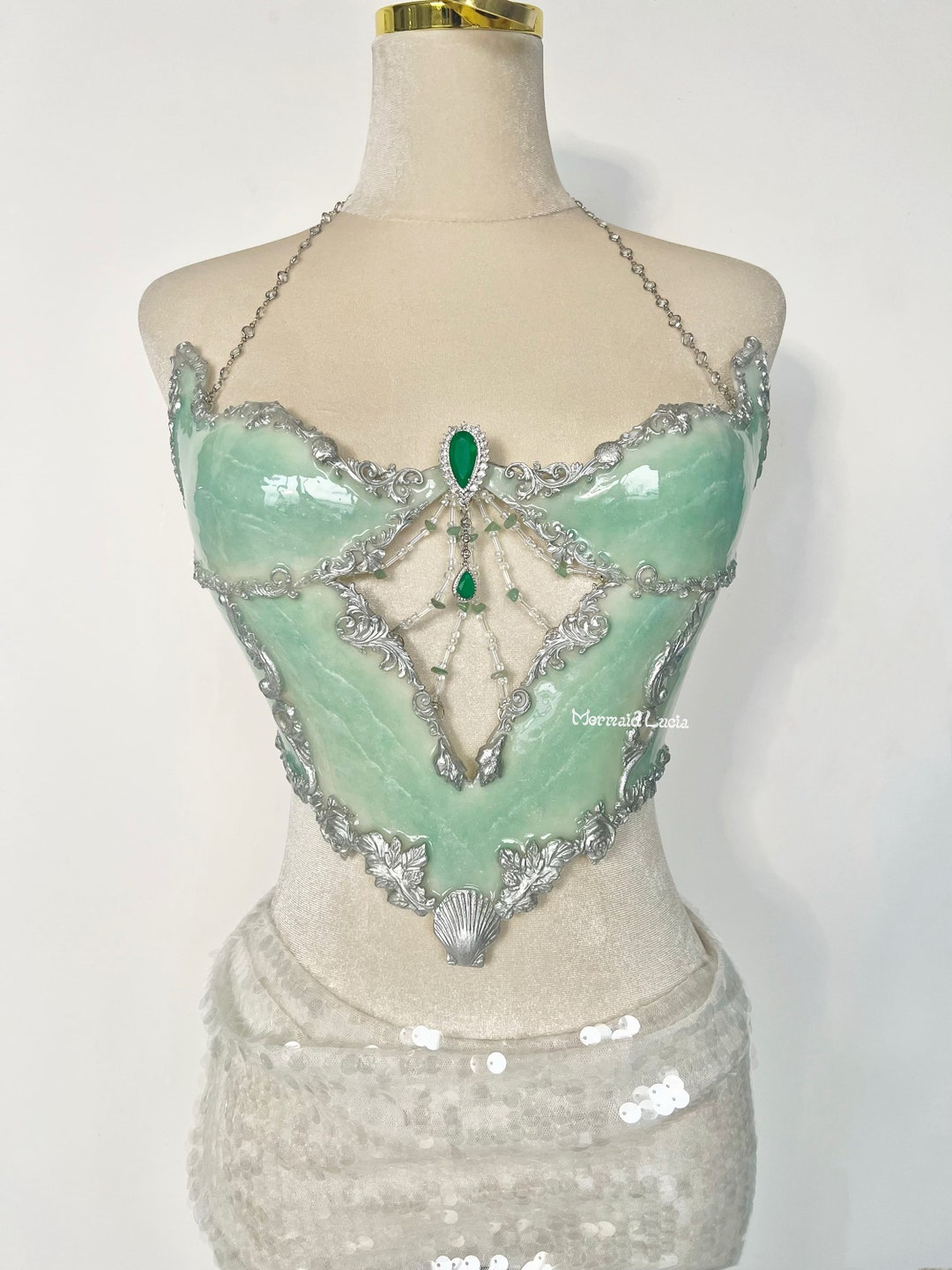Light Green Topaz Gemstone Fishbone Bustier Resin Mermaid Corset Bra ...