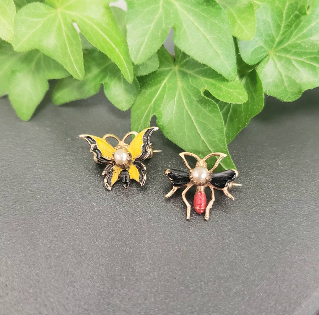 Two Adorable Vintage Gold Tone and Enamel Insect Pins With Center Faux ...