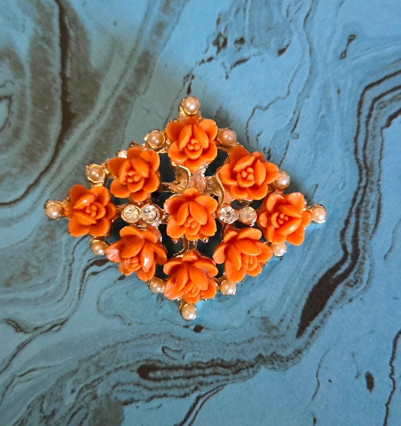 Beautiful Vintage Coral Rose Celluloid Brooch With Faux Pearls - Etsy