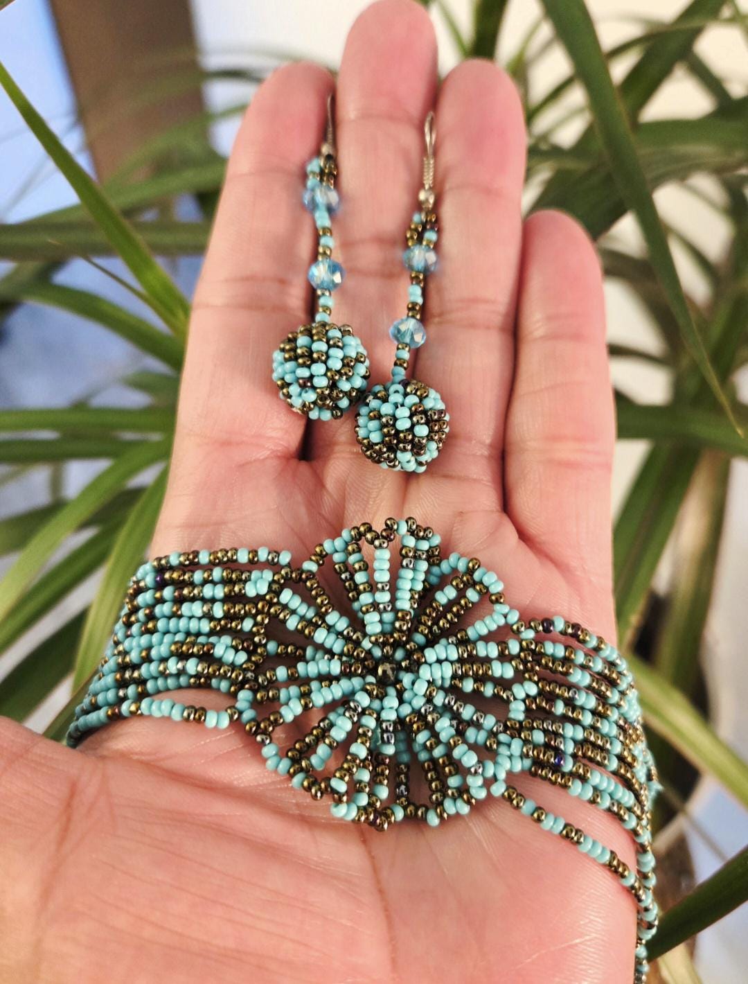 Vintage Turquoise Seed Bead Bracelet and Earrings Set, Boho ...