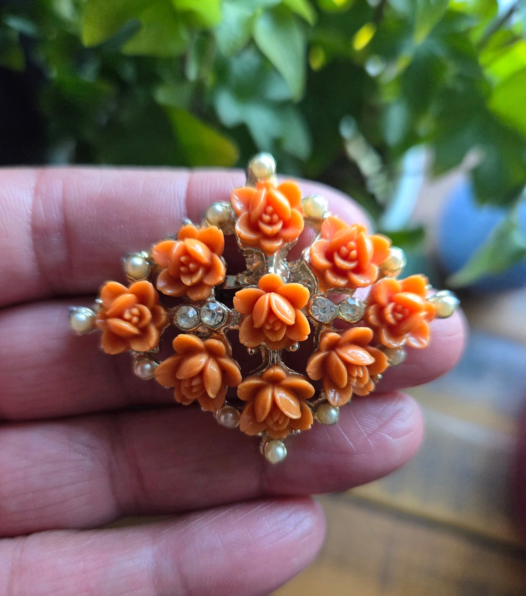 Beautiful Vintage Coral Rose Celluloid Brooch With Faux Pearls - Etsy