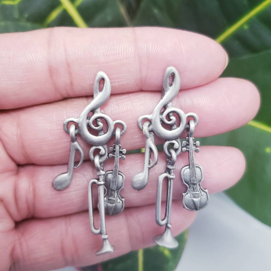 Vintage JJ Jonette Signed Pewter Music Themed Pierce Earrings, Violin ...