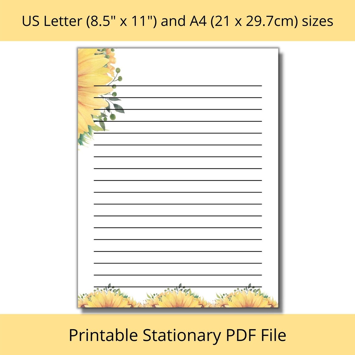 Stationary Paper Watercolor Sunflower Printable Stationary - Etsy