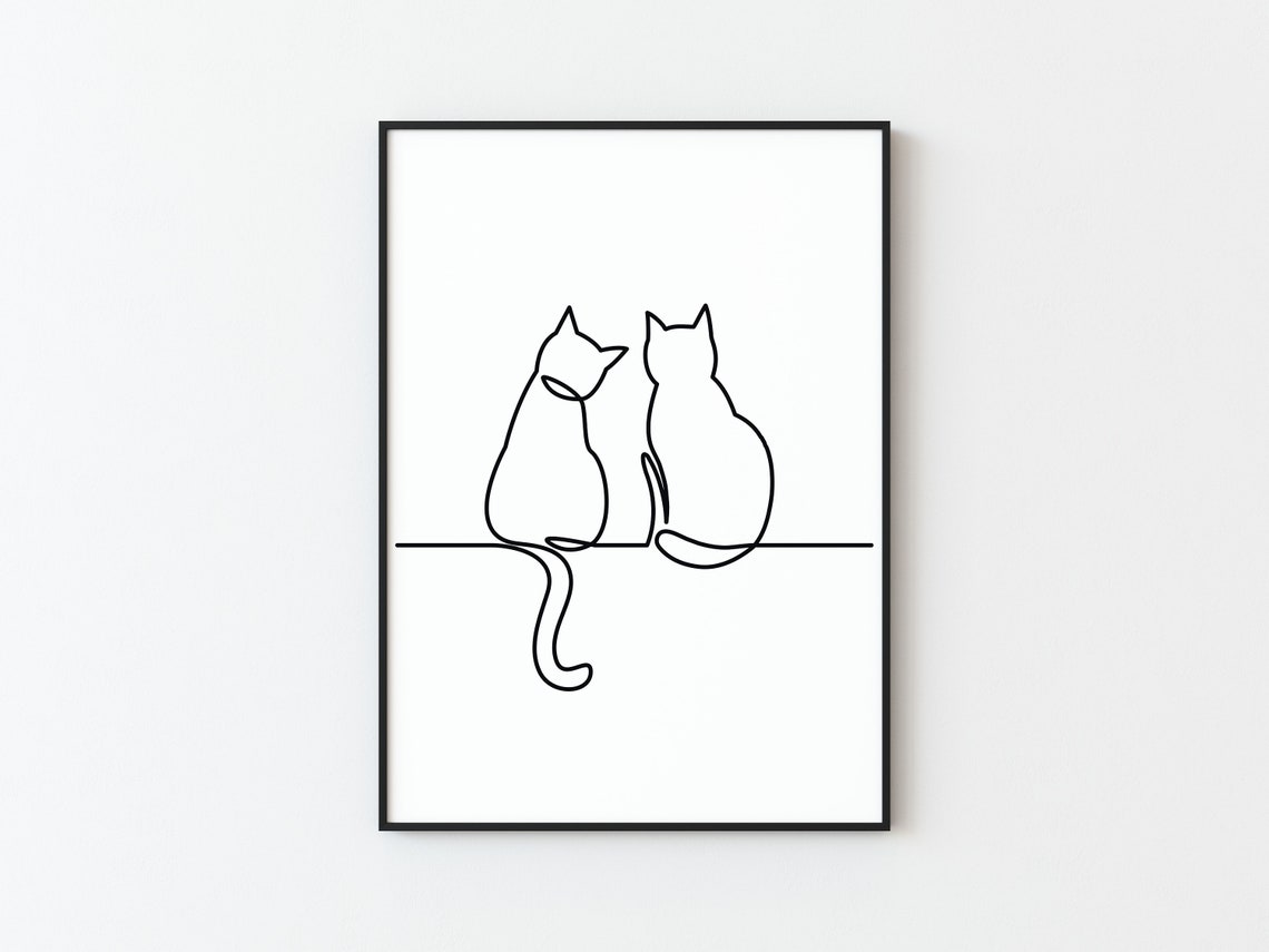 Continuous One Line Drawing of Two Happy Cats Doodle Animals Line Art ...