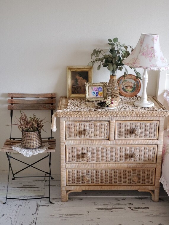 RARE FIND Vintage Shabby Chic Wicker Rattan Dresser With 4 Drawers MUST Need Shipping Quote Etsy