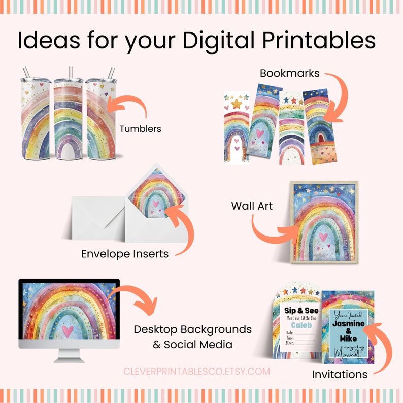 Rainbow Love Digital Paper Folk Art Watercolor Rainbow Digital Papers ...