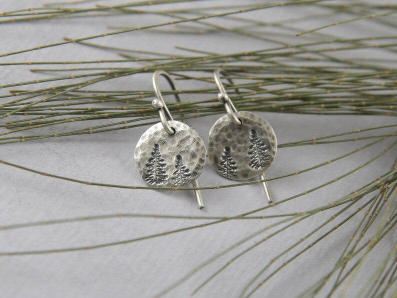 Sterling Silver Pine Tree Earrings: Hammered Forest Landscape - Etsy
