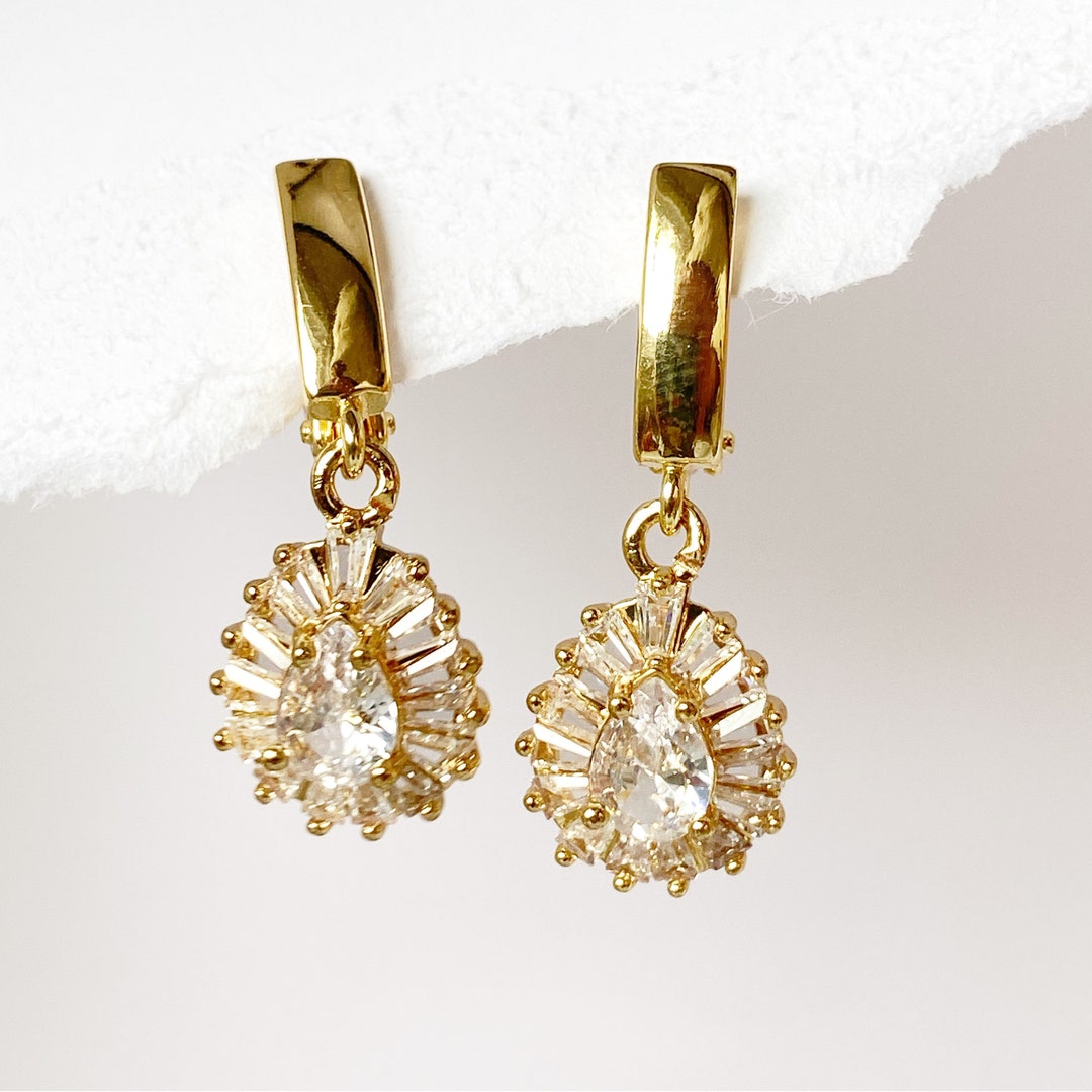 Crystal Gold Latch Back Earrings, Gold Huggie Earrings - Etsy