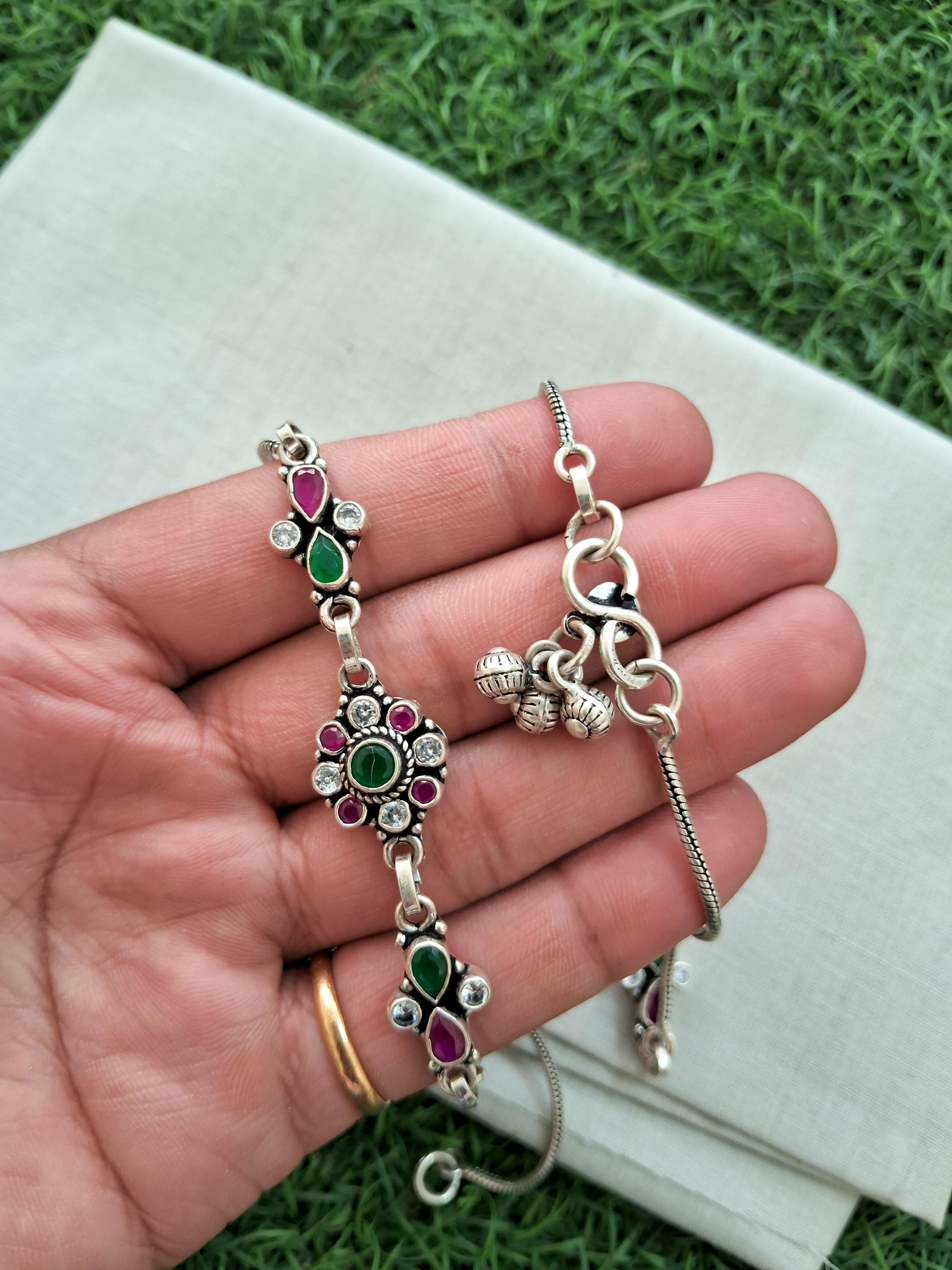 92.5 Sterling Silver Oxidized Anklets, Ruby Emerald Stone Indian ...