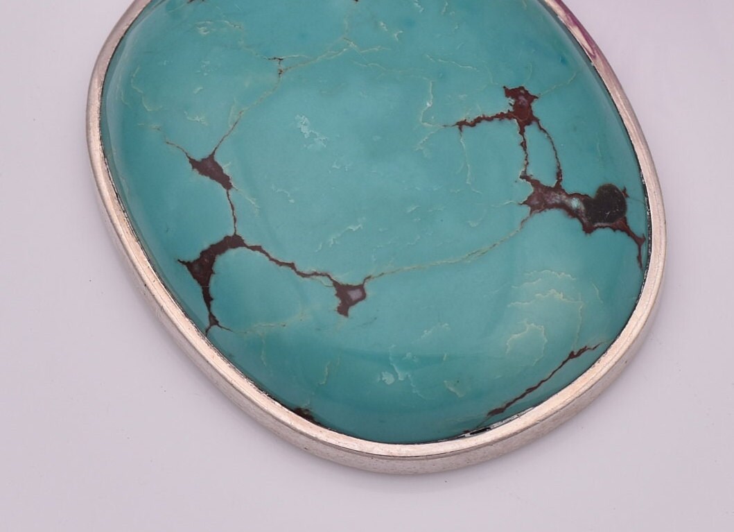 Natural Tibetan Turquoise Oval Shape Gem Necklace, 925 Sterling Silver ...
