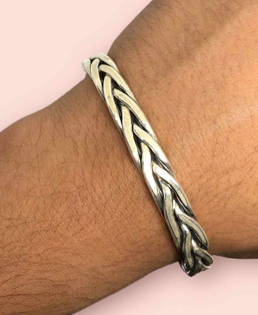 8mm Silver Braid Bracelet, 925 Sterling Silver Men's Cuff Bracelet ...