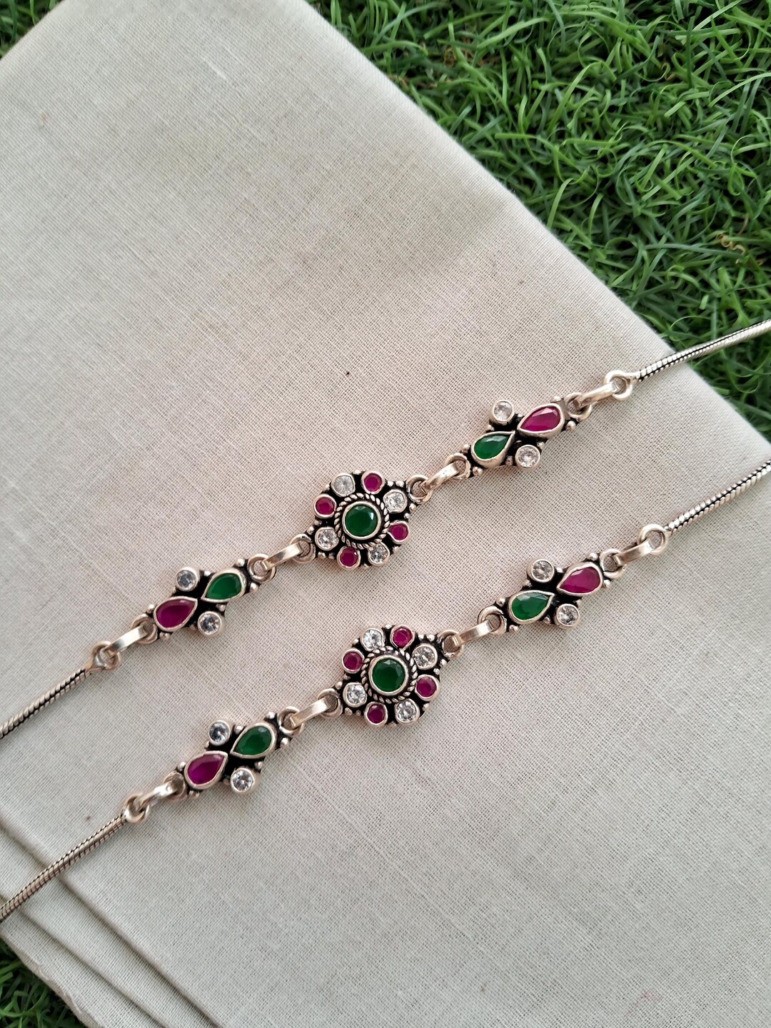 92.5 Sterling Silver Oxidized Anklets, Ruby Emerald Stone Indian ...