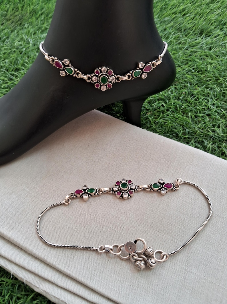 92.5 Sterling Silver Oxidized Anklets, Ruby Emerald Stone Indian ...