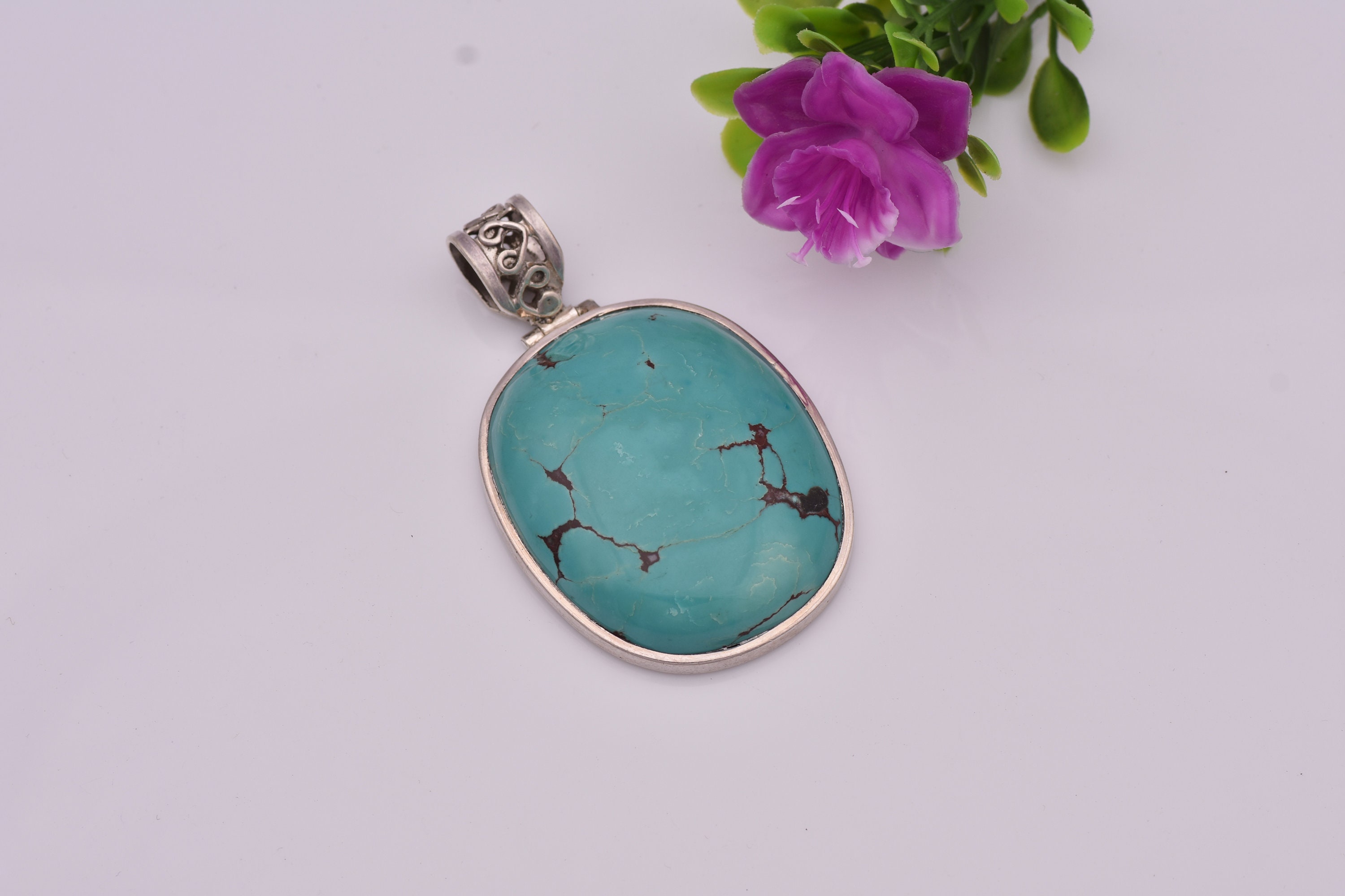 Natural Tibetan Turquoise Oval Shape Gem Necklace, 925 Sterling Silver ...