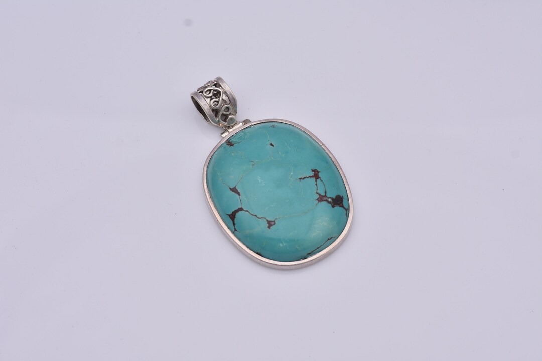Natural Tibetan Turquoise Oval Shape Gem Necklace, 925 Sterling Silver ...