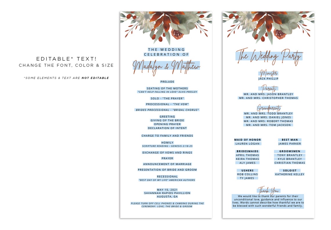 MADALYN Fall Wedding Program, Printable Template, DIY Wedding Party ...