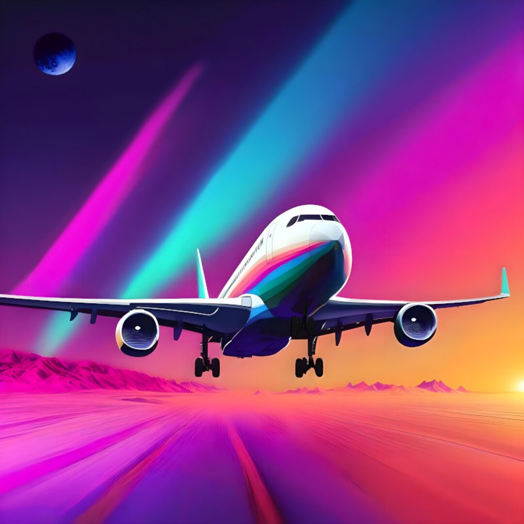 Airplane Taking off Desert Mountains Auroras Jet Liner Colorful ...