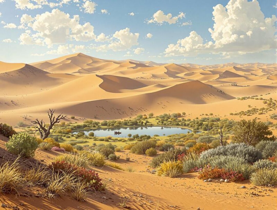 Oasis in Desert With Lush Vegetation and Expansive Dunes Poster Print ...