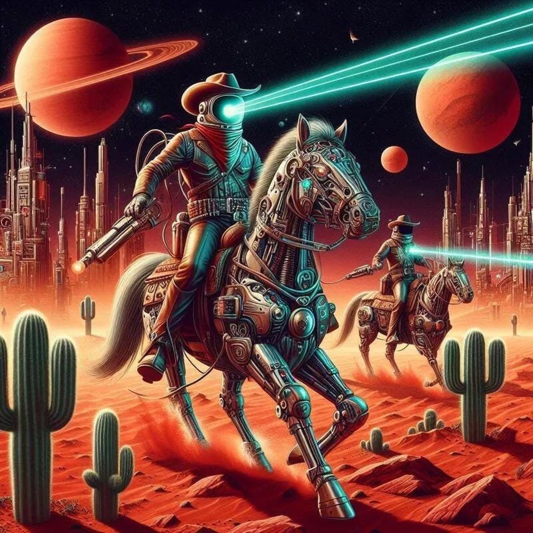 Wild West in the Future Cowboys Robot Horses Space Planet Poster Print ...